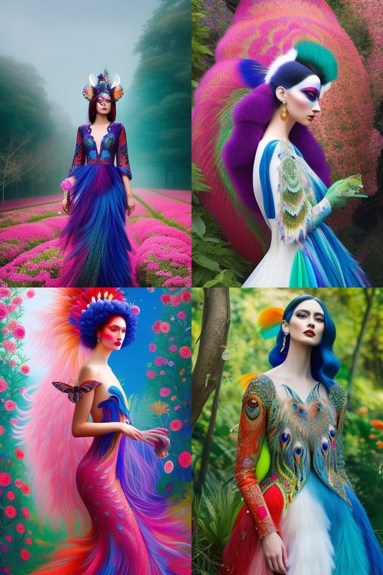 woman as half white peacock and half colorful peacock, walk among the ...