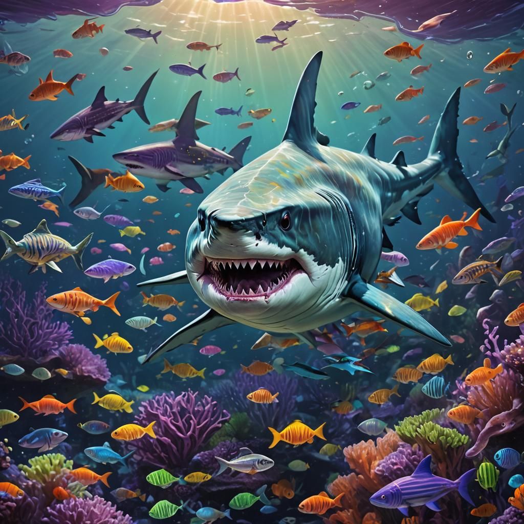 Clown Shark - Fantasy Shark with Clown Face in Vibrant Ocean...