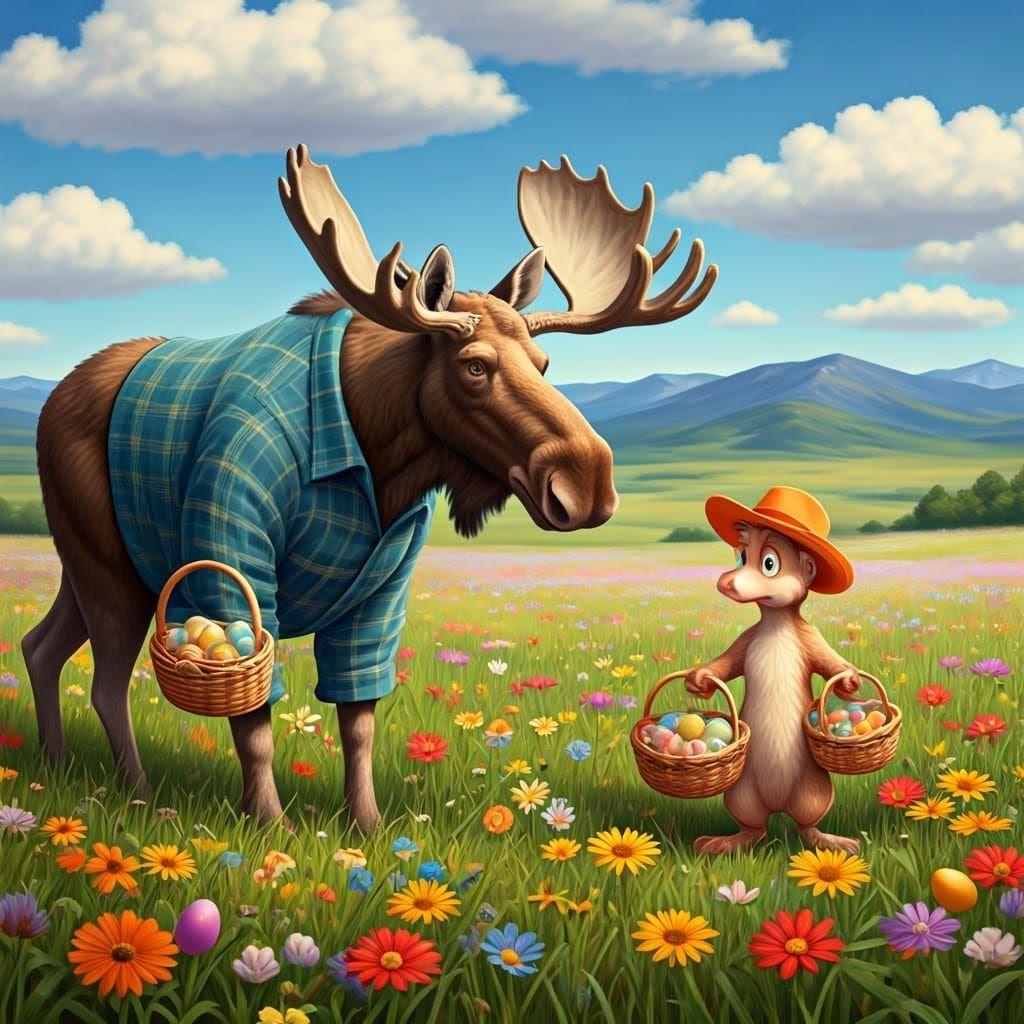 Macky Moose and Bullwinkle in a Vibrant Easter Egg... - AI Art