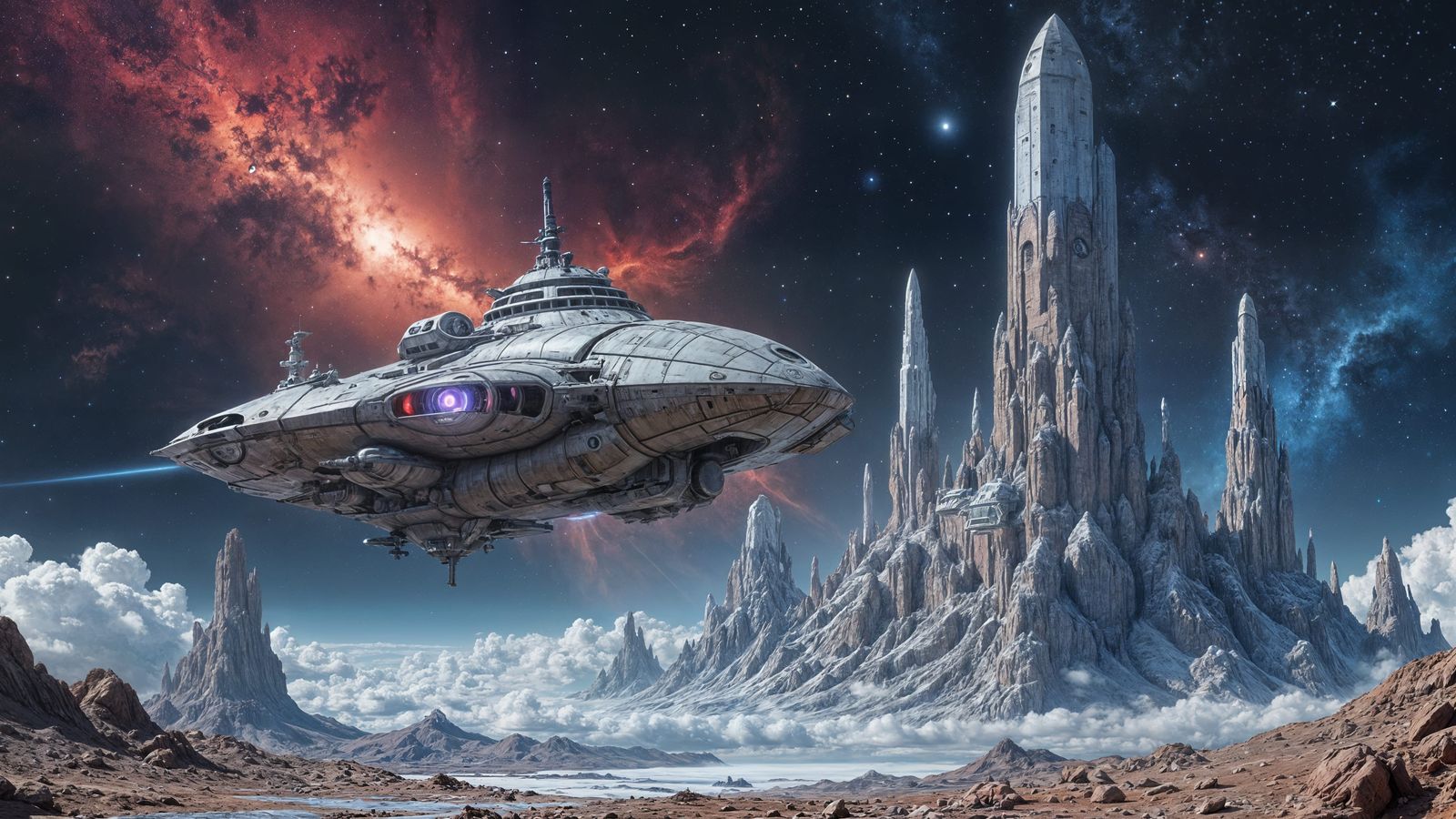 Sleek Silver Spaceship over Futuristic Alien Metro... - AI Art