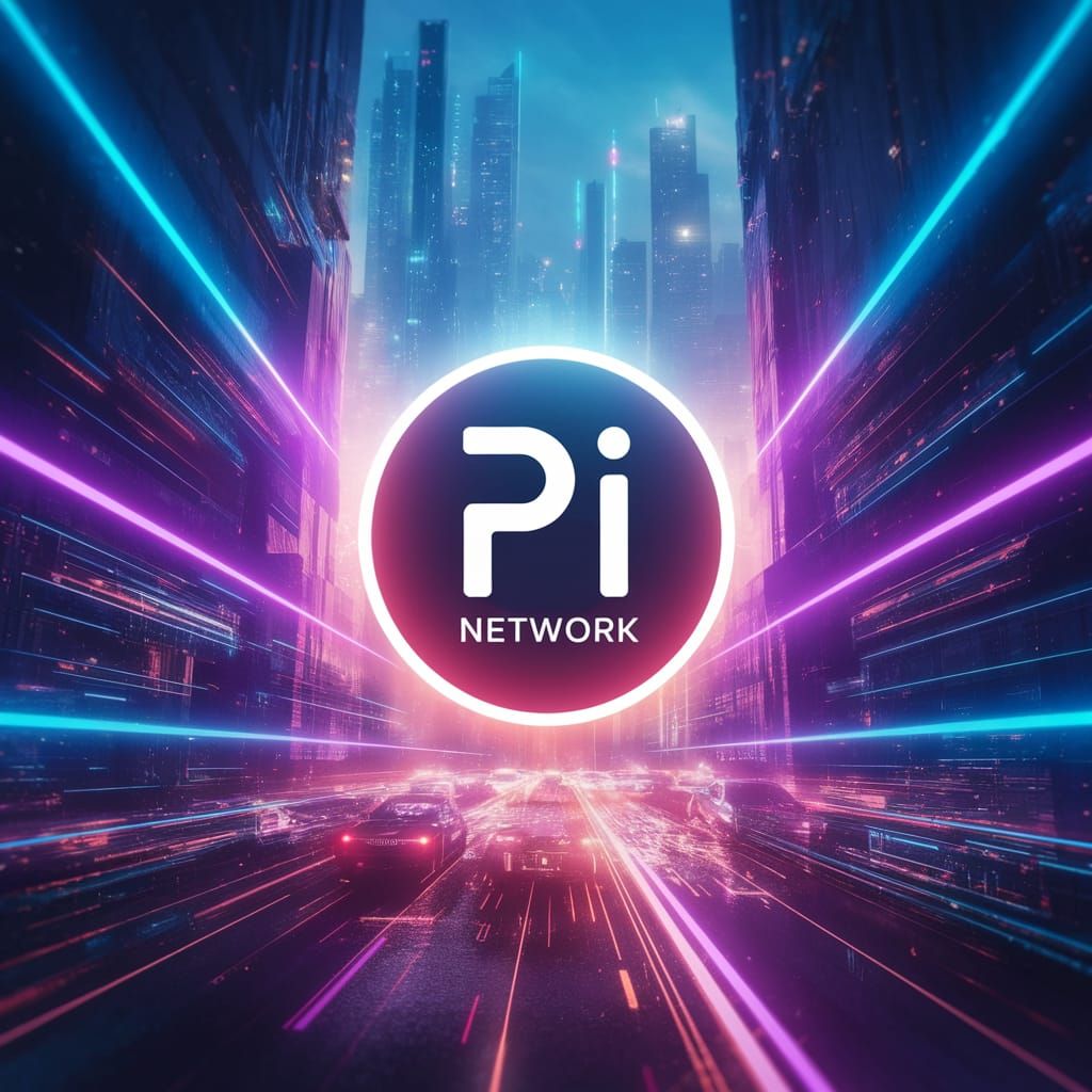 Glowing Pi Network Logo in Futuristic Cityscape - AI Art