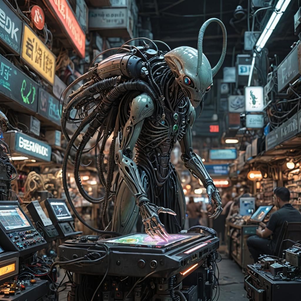 Futuristic biopunk alien wizard exploring electronics marketplace - AI ...