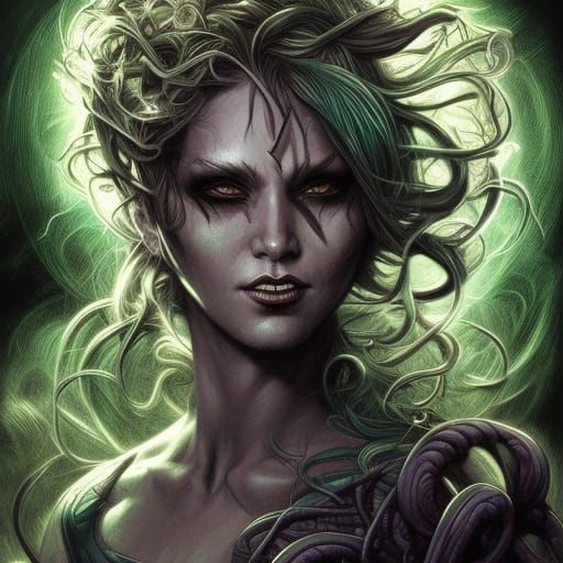 A Green Haired Elemental Witch Covered In Vines with Green Hair head ...