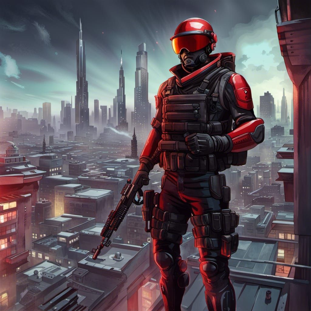 A top secret sci fi commando, assassin, red visor, sniper rifle, on a ...