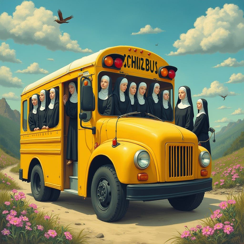 Nuns on School Bus in Blueberry Pie Dreamscape - AI Art