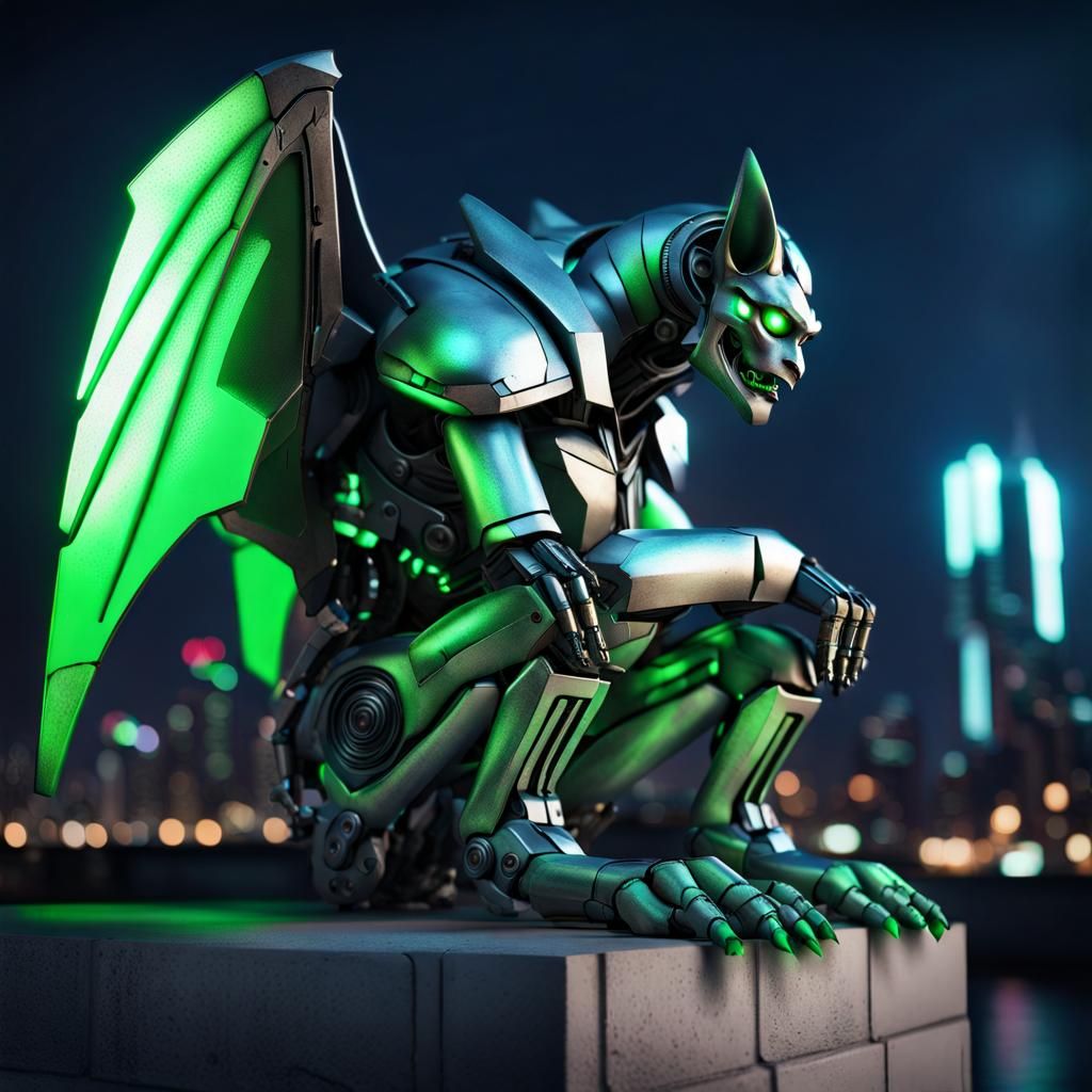 A Cybertronian metallic robotic Gargoyle sitting perched on a wall. It ...