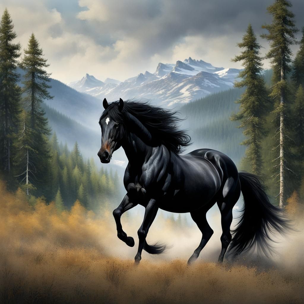 A captivating portrayal of a wild black horse, exuding power and ...