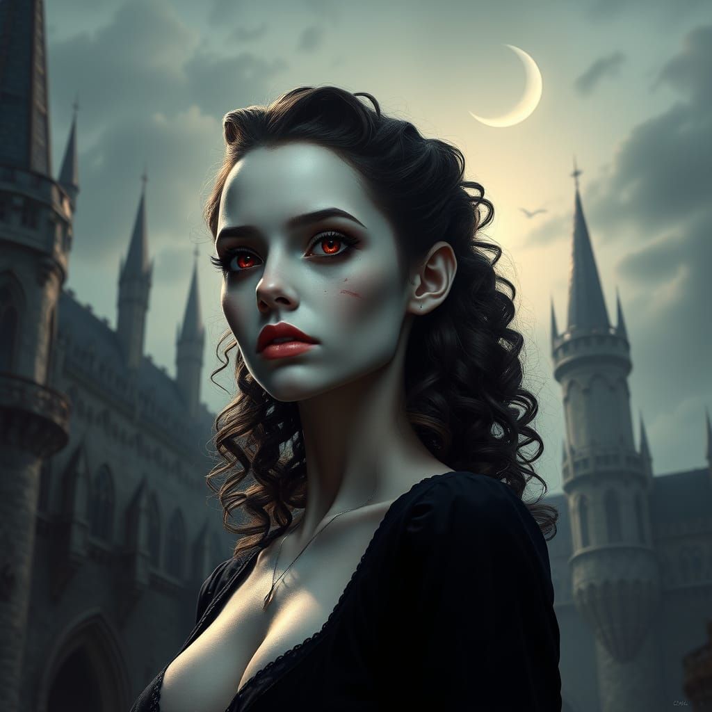 Vampire Maiden Under Crescent Moon, Medieval Castl... - AI Art