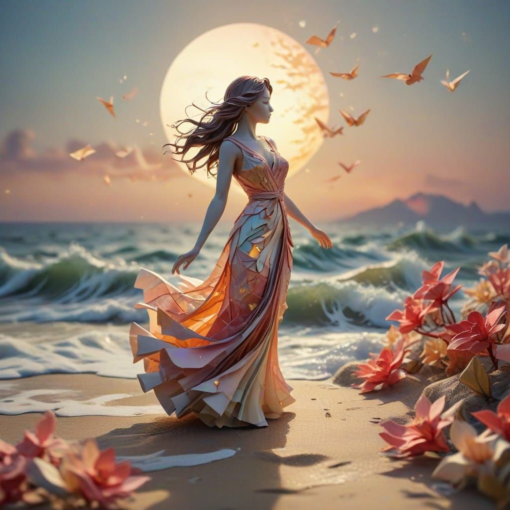 Ethereal Goddess in Origami Papercraft with Golden... - AI Art