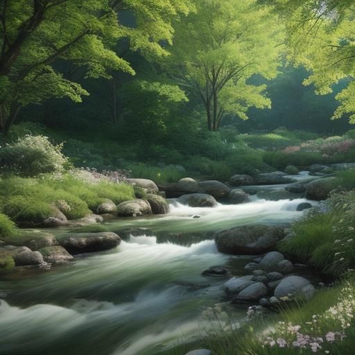 a green rolling landscape sparsely covered in flowers with a river ...
