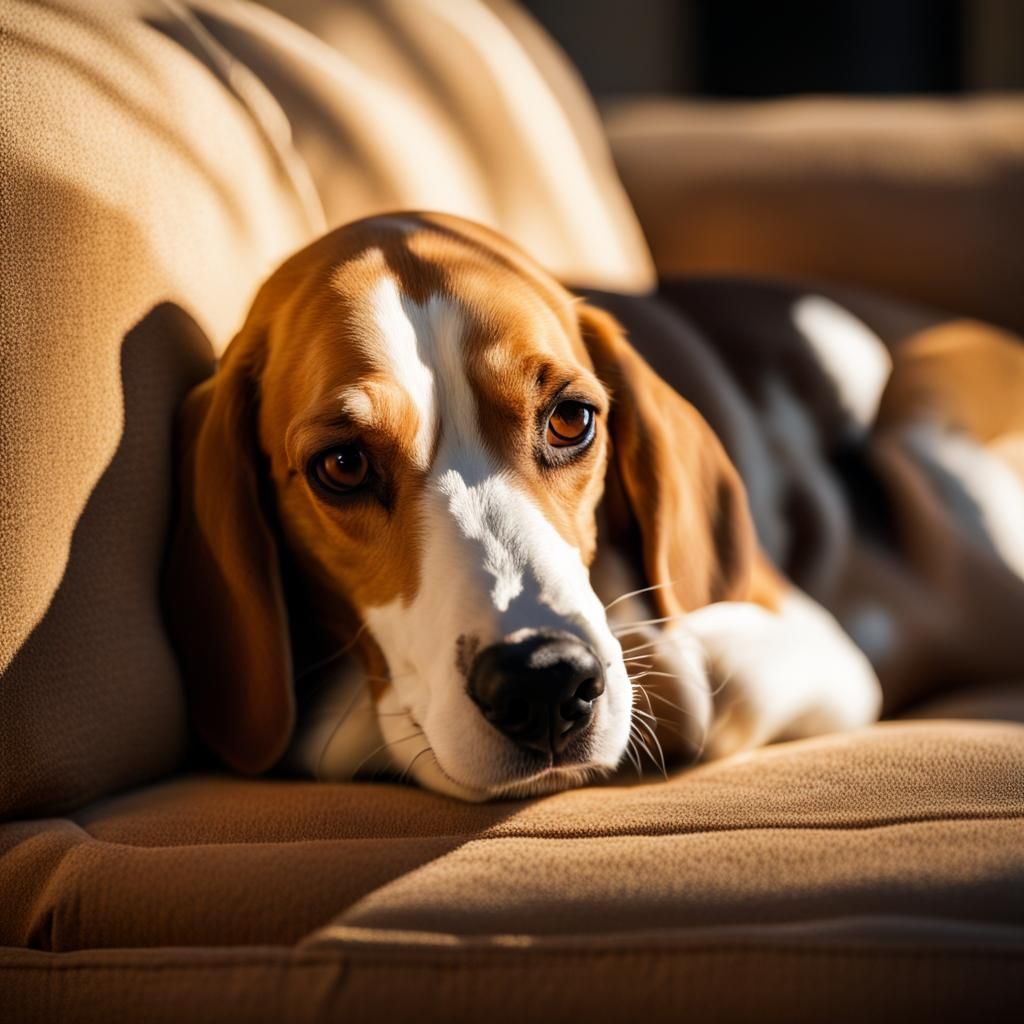 A large, playful beagle snuggled deeply into the plush cushions of a ...