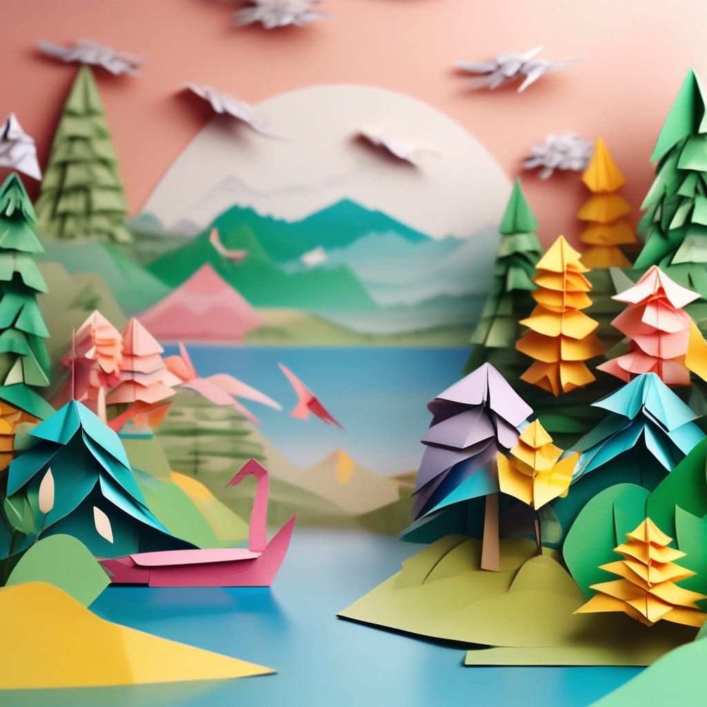 a cute origami scenery by the lake made of origami paper, A gorgeous ...