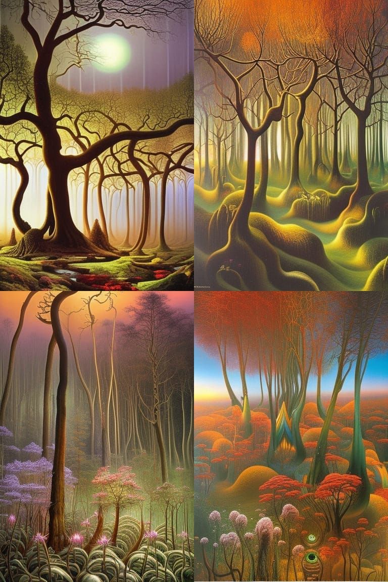 Fantastical forest scene at sunset, featuring enchanted trees and ...