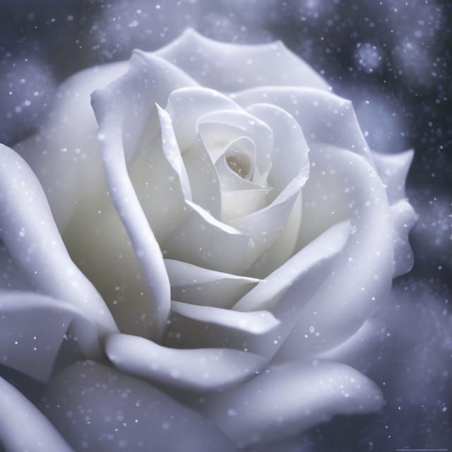 Shiny white rose with dull white snowflakes, snowflakes, warm lighting ...