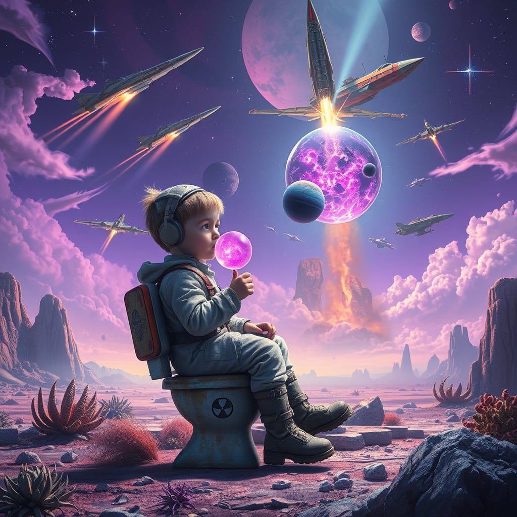 Boy Blows Bubble Amidst Alien Starships in Surreal... - AI Art