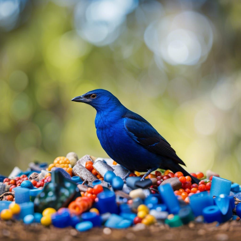 Satin bowerbird sitting aTop a mound of blue objects that he has ...
