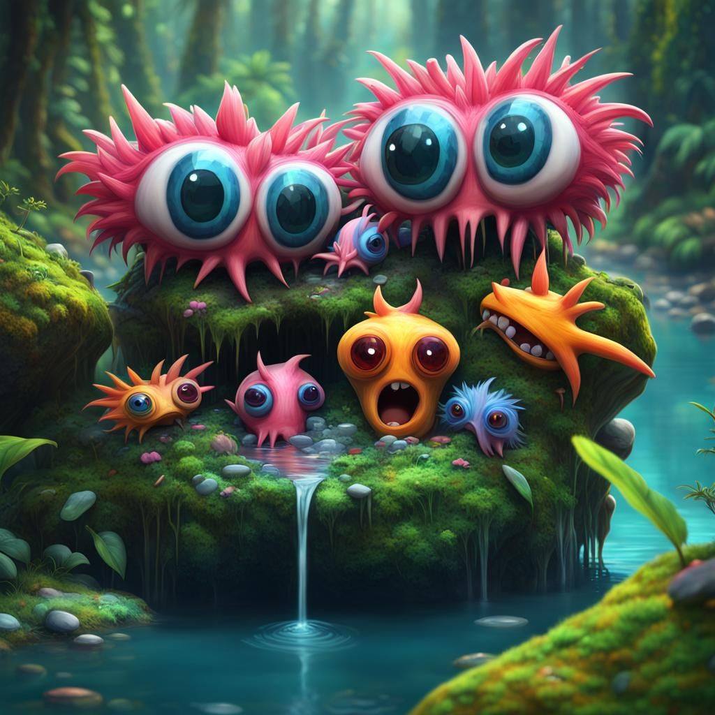 Rocky lake with strange cute creatures - AI Generated Artwork ...