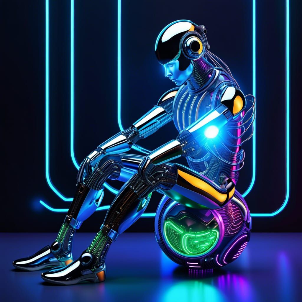 floating full body pose fetal position humanoid neon robot profile ...