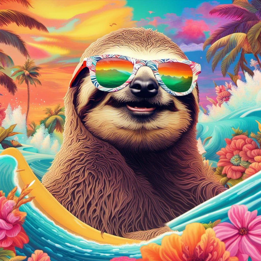 A bold hipster sloth surfs a giant wave in a vibrant collage, wearing ...