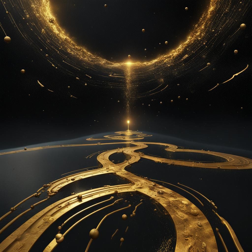 An overhead view of a black and gold cosmic pathway. The cosmic pathway ...