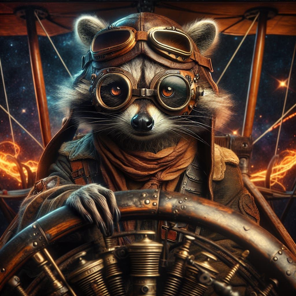 Steampunk Raccoon Aviator in Vintage Flight Gear w... - AI Art
