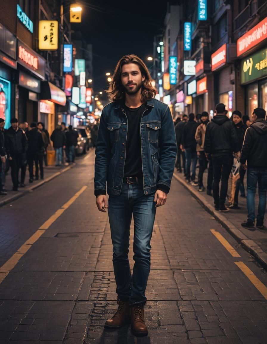 Denim-clad male under city lights at night. - AI Generated Artwork ...