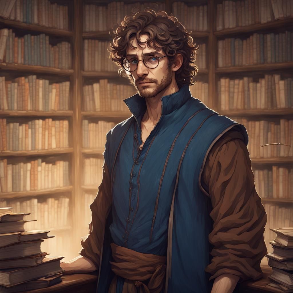 Nerdy man, handsome, round wire frame glasses, average build, fair skin ...