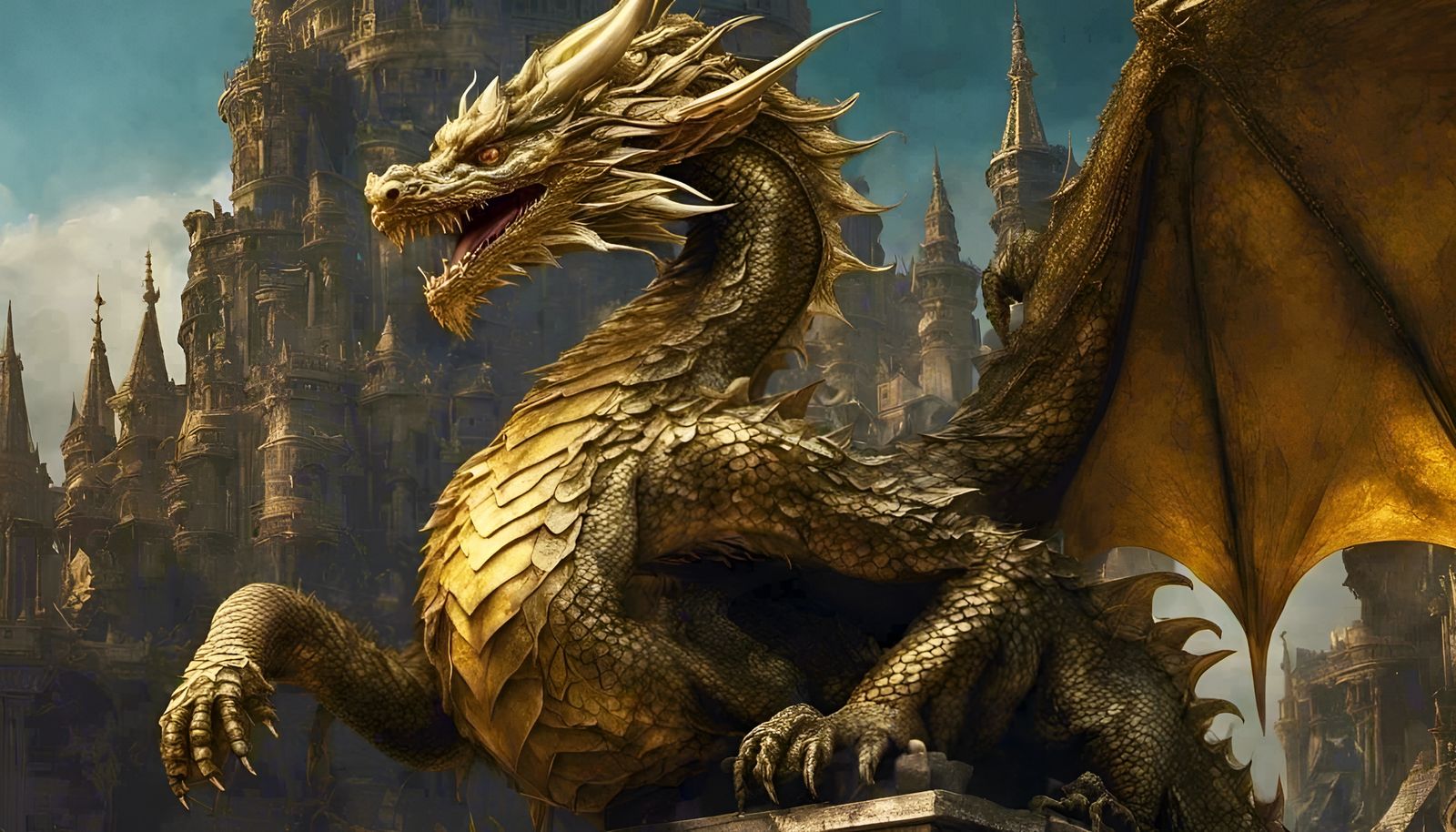 Gold dragon guarding the castle - AI Generated Artwork - NightCafe Creator