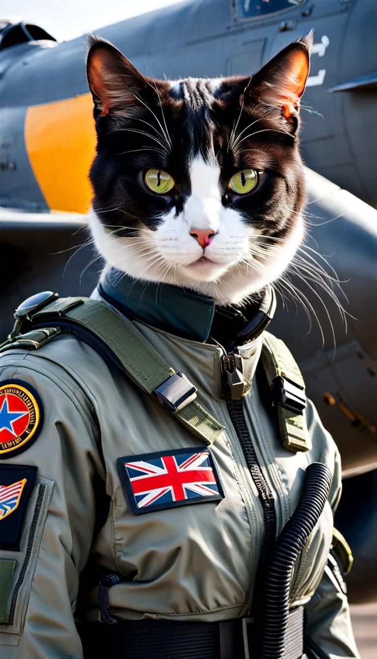 A female cat in combat fighter aircraft pilot suit, standing in front ...