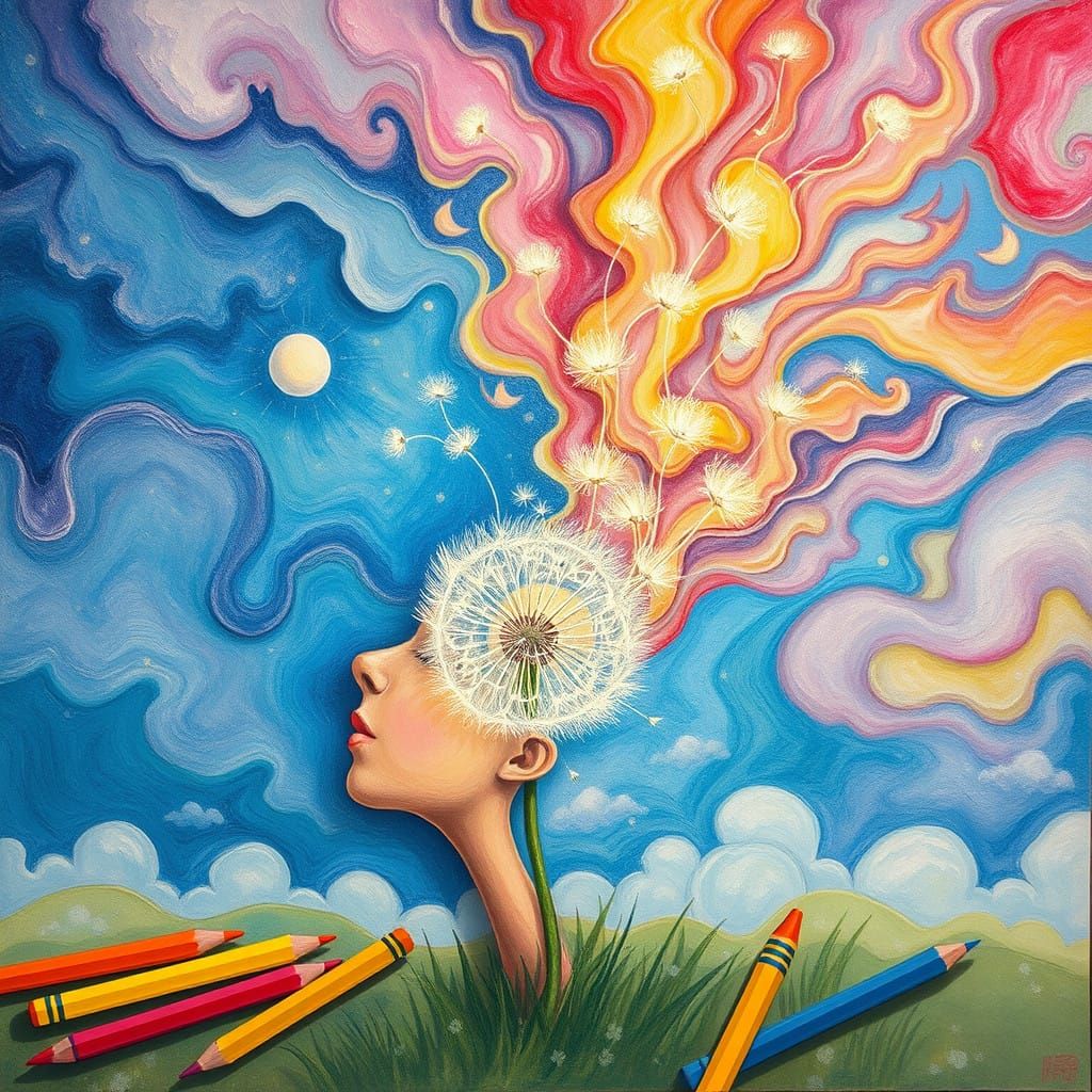 colored pencil, crayon drawing of dreams emerging from the mind of an ...