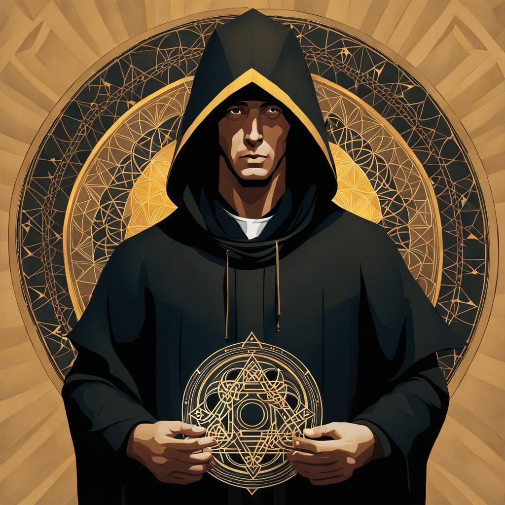A hooded monk holding a sacred geometric emblem. - AI Generated Artwork ...