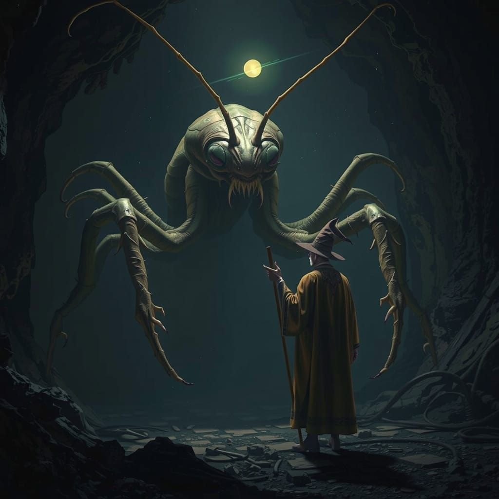 Wizard Faces a Gargantuan Insectoid Creature in a ... - AI Art