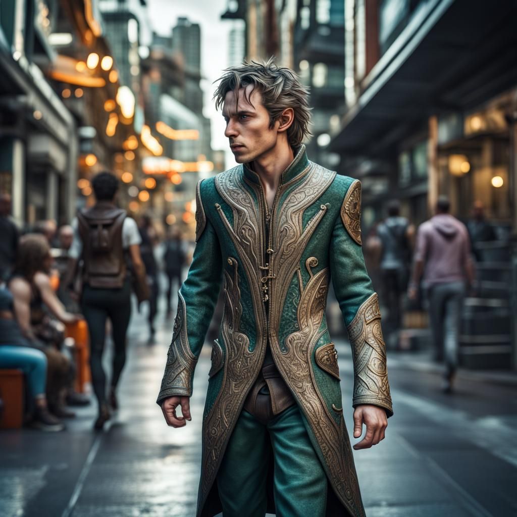 Modern Lord of the Rings elf with exotic fancy jacket walking on the ...