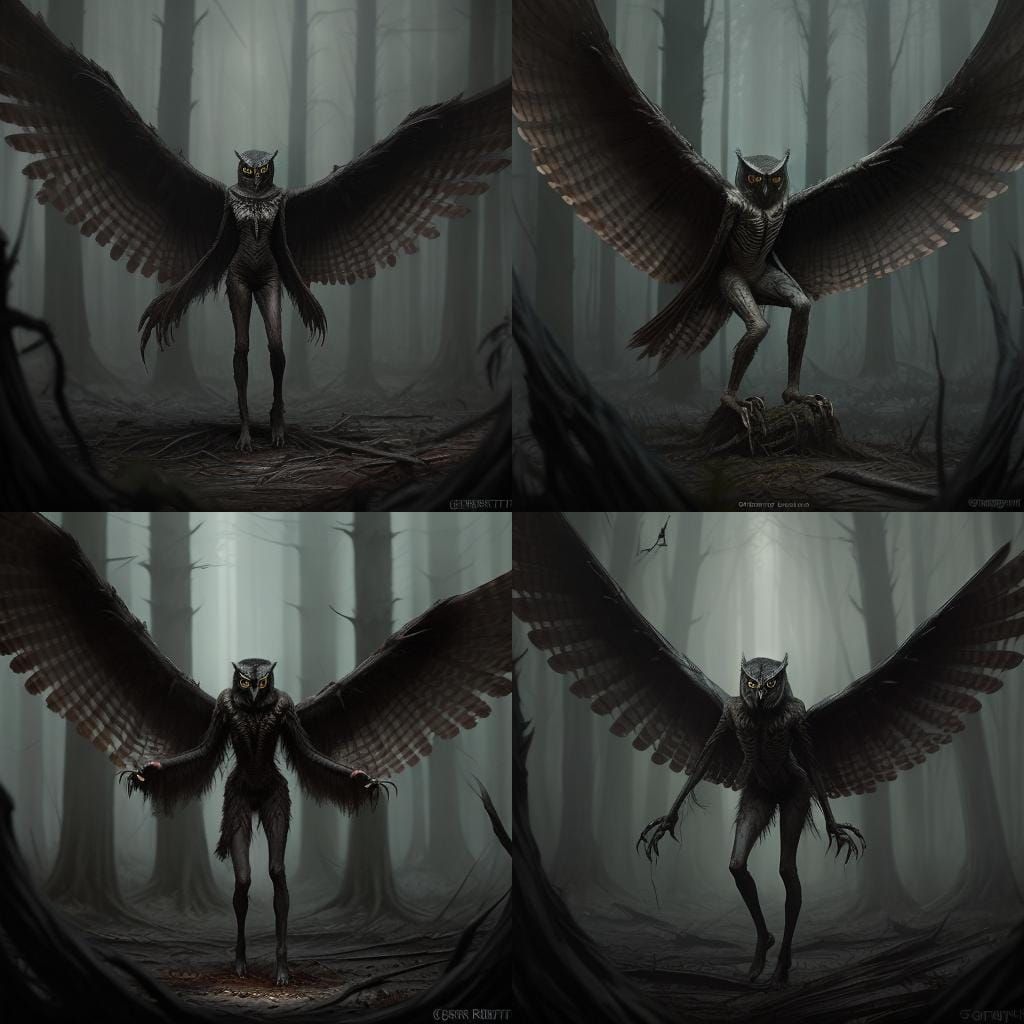 skinny Owl monster, dark creature, hands under wings, forest - AI ...