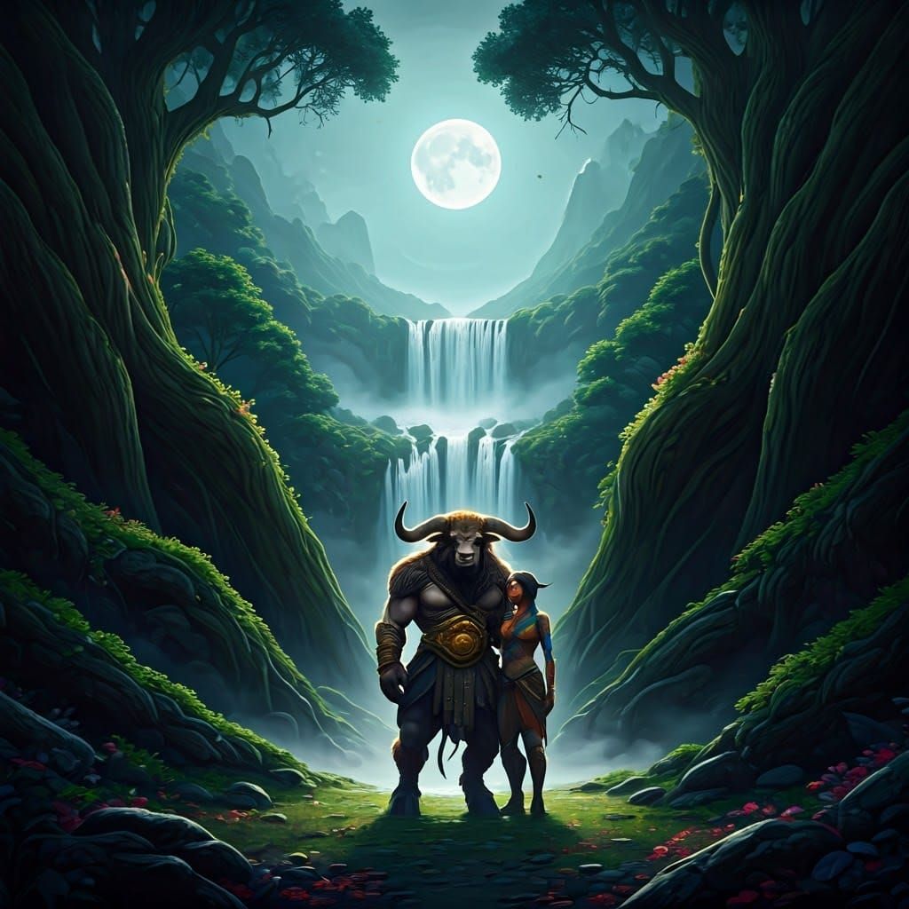 Mythical Minotaur and Pasiphae Under Full Moonligh... - AI Art