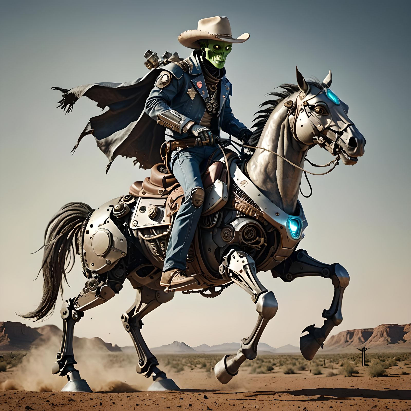 alien dressed in cowboy clothes riding a robotic horse - AI Generated ...