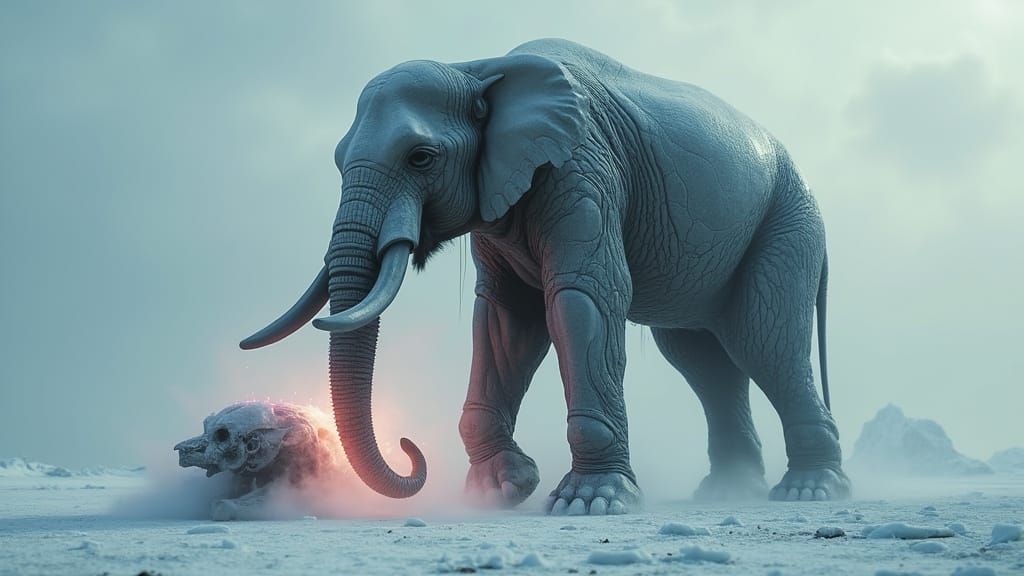 Cybernetic Elephant Dominates Icy Landscape in Dys... - AI Art