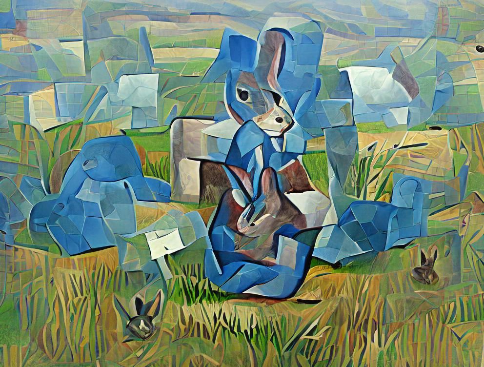 A cubist painting of a blue rabbit sitting in a field - AI Generated ...