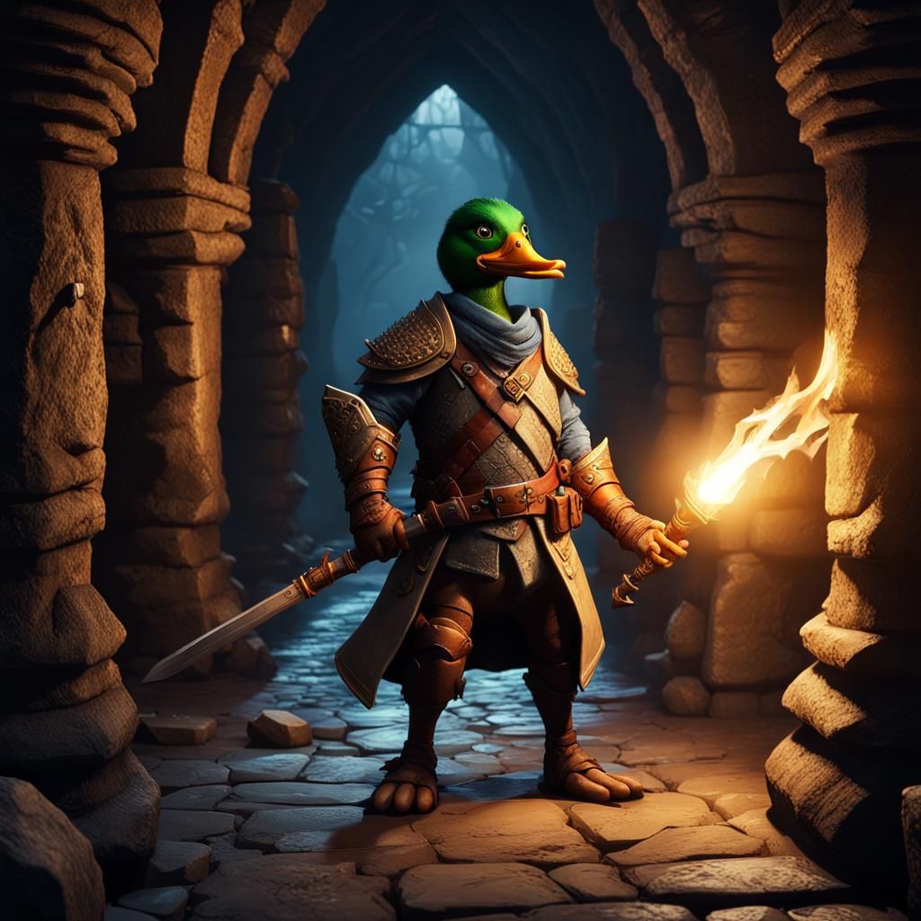 A duck adventurer with a torch in one hand and a sword in the other. Is ...