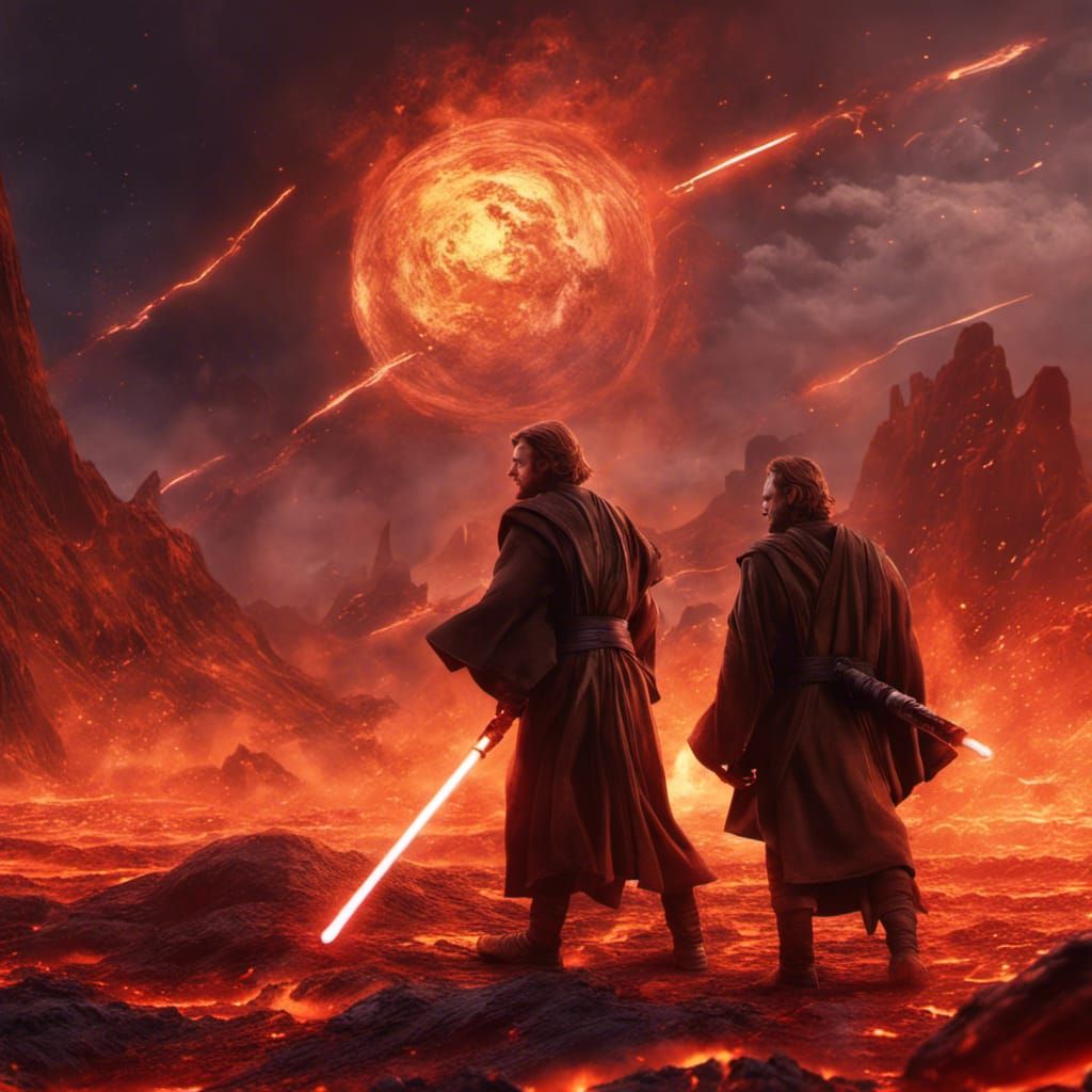 Anakin Skywalker and Obi-wan Kenobi battling with light sabers on the ...