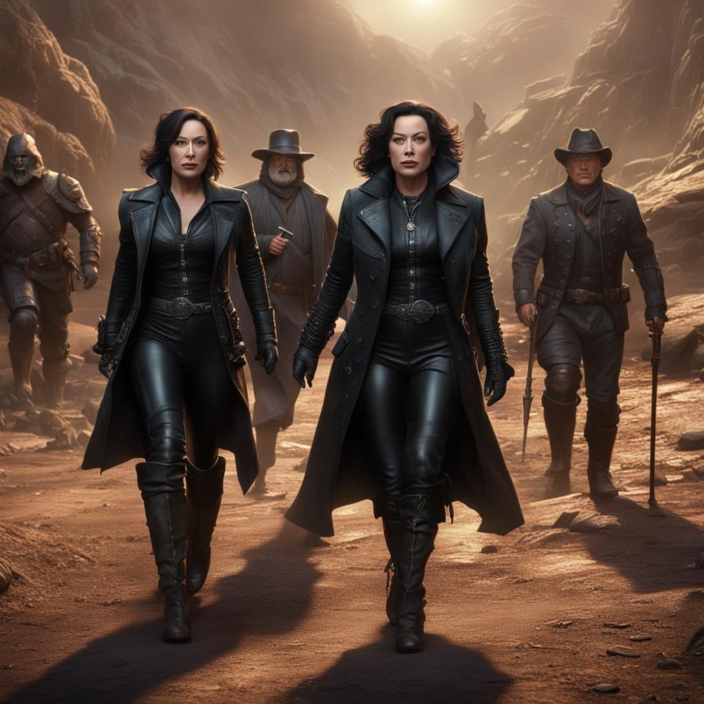 Jennifer Tilly dressed in black leather and wearing black knee boots ...