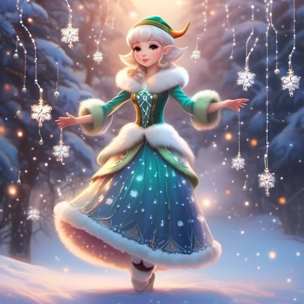 an adorable elf dances merrily, surrounded by swirling snowflakes and ...
