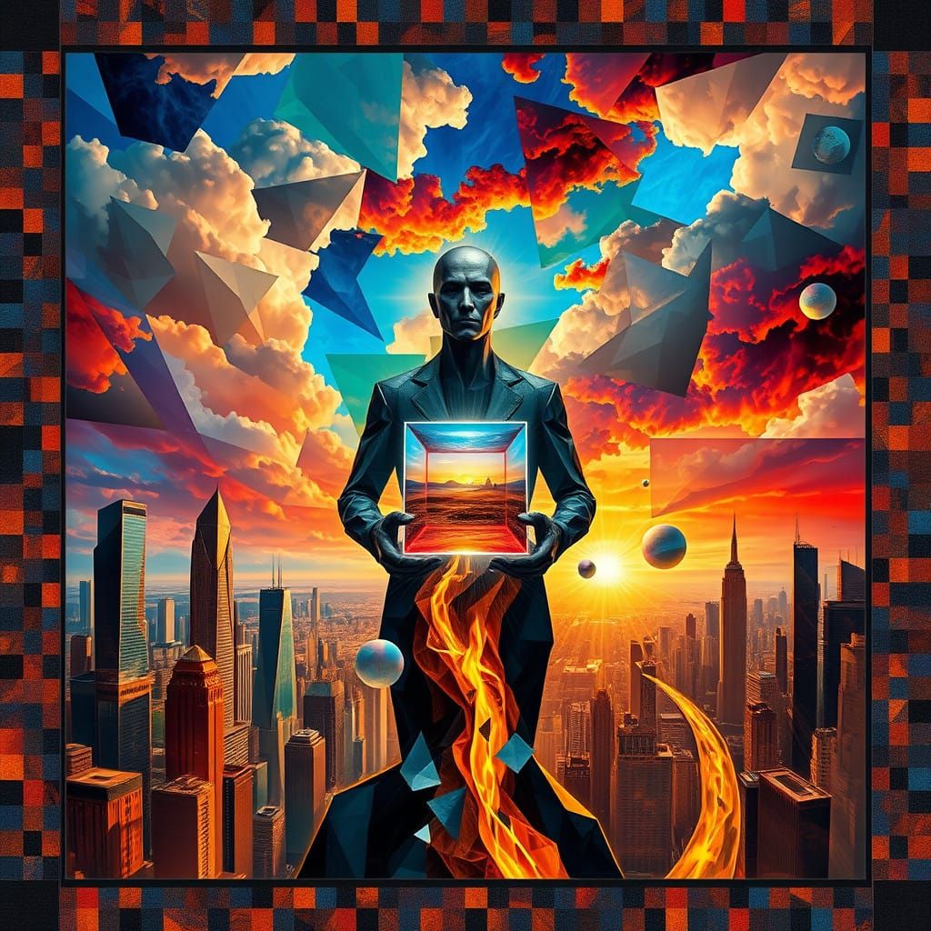 A surreal and dynamic blending of cubism and surrealism