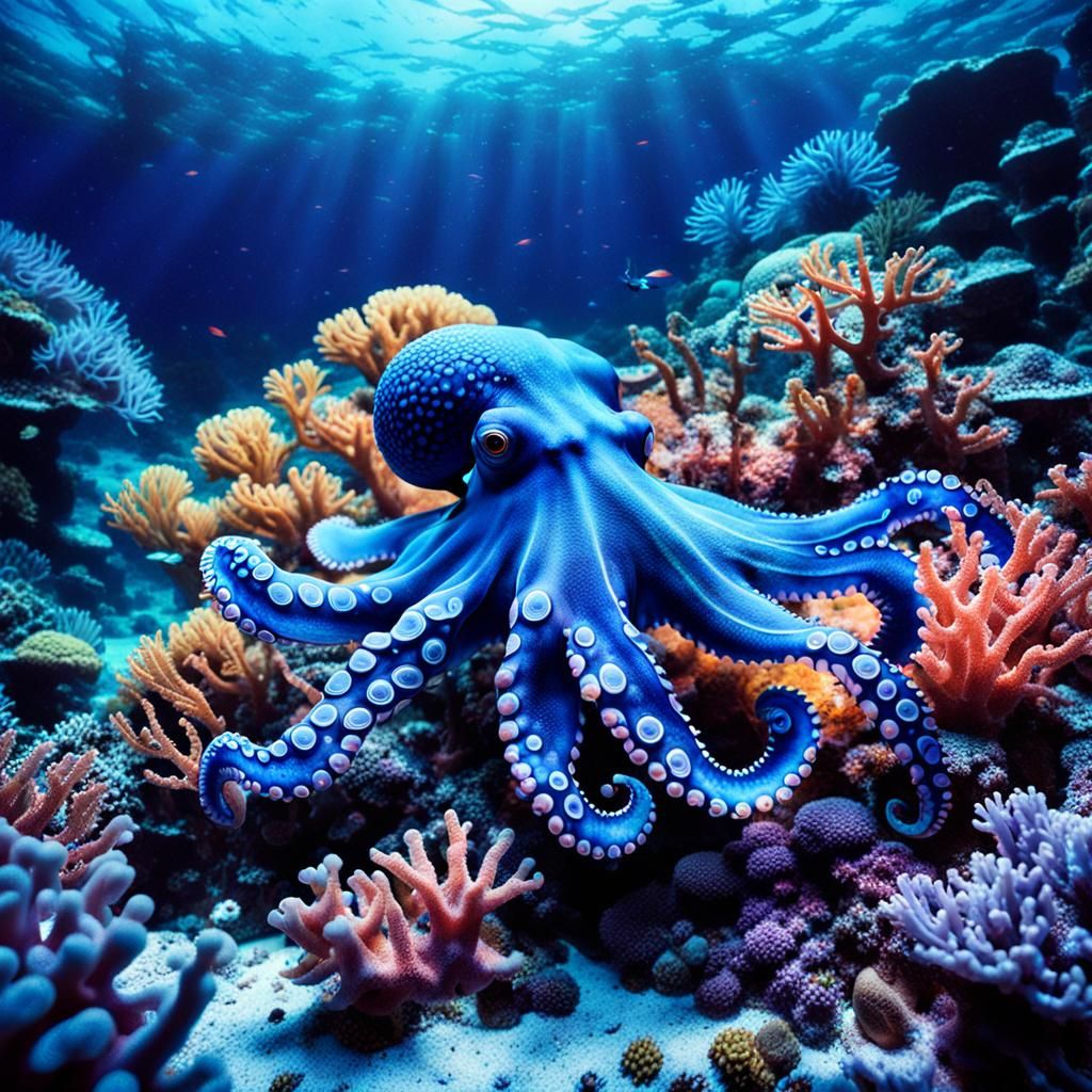 Bioluminescent blue octopus near a coral reef at night - AI Generated ...