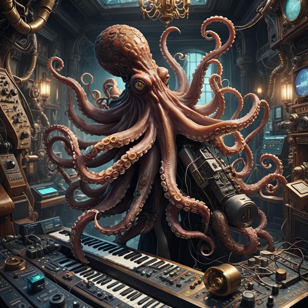 a octopus playing a synthesizer on each arm - AI Generated Artwork ...