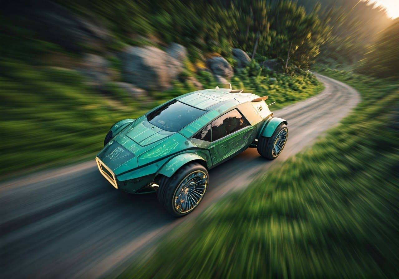 Sleek Solarpunk Vehicle in Lush Greenery Aerial Vi... - AI Art