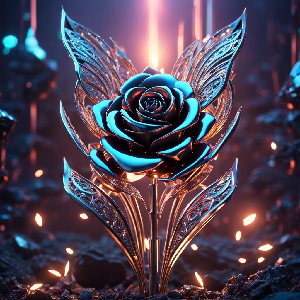 Metal rose, intricate mech details, ground level shot, 8K resolution ...