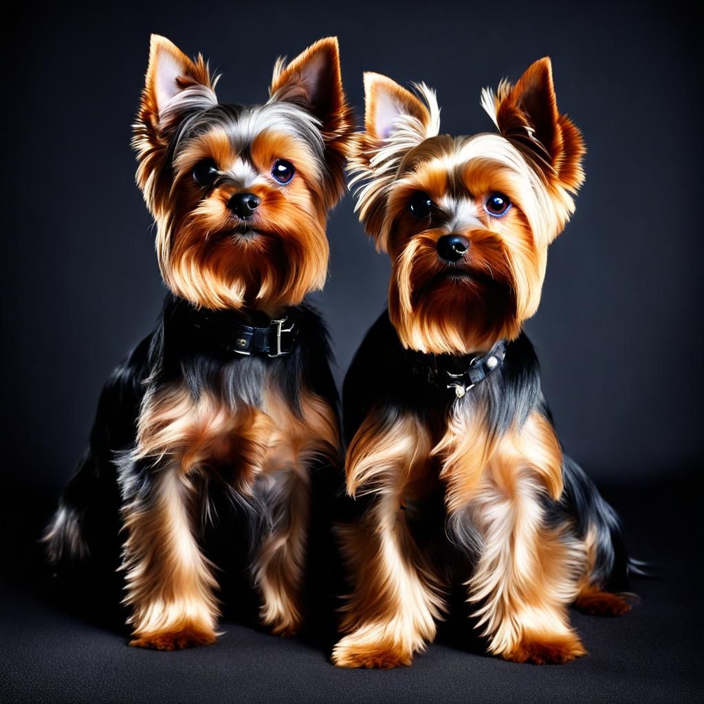 a studio portrait of two yorkies. Professional lighting. Dark ...