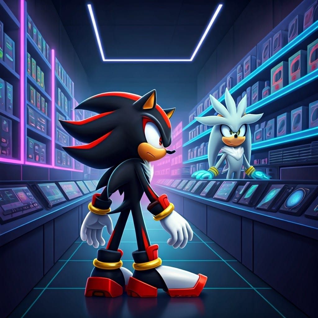 Shadow Meets Silver in a Neon-Lit Futuristic Store - AI Art