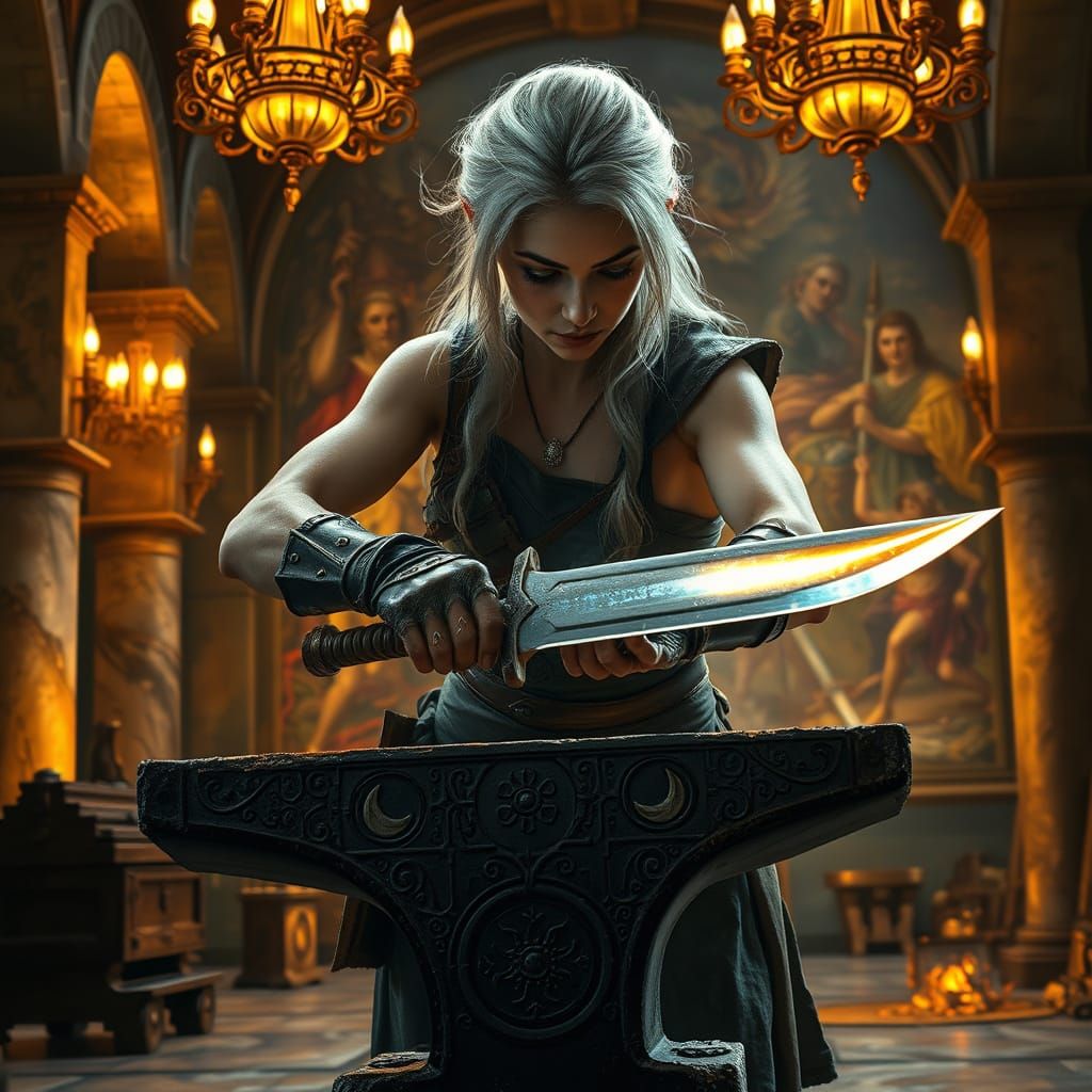 An elven blacksmith of unparalleled skill, her silver hair streaked ...